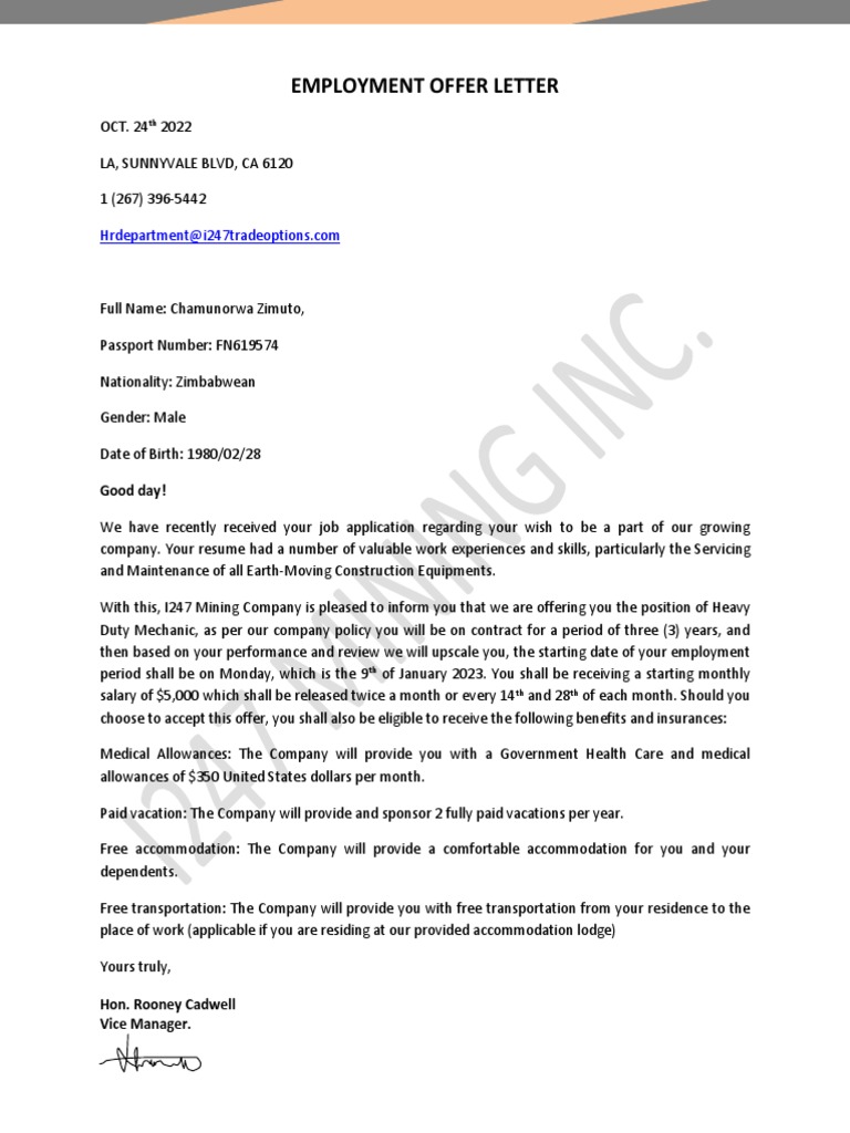 Employment Offer Letter | PDF