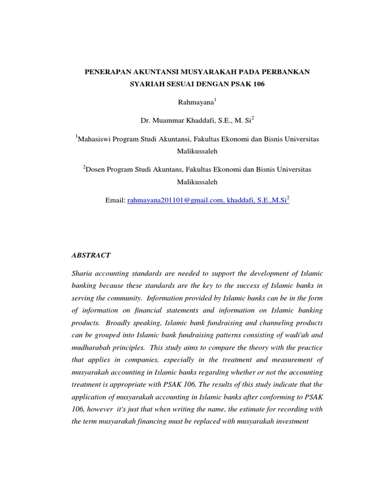 Penerapan Akuntansi Musyarakah Pada Perbankan Syariah Sesuai Dengan PSAK 106 | PDF