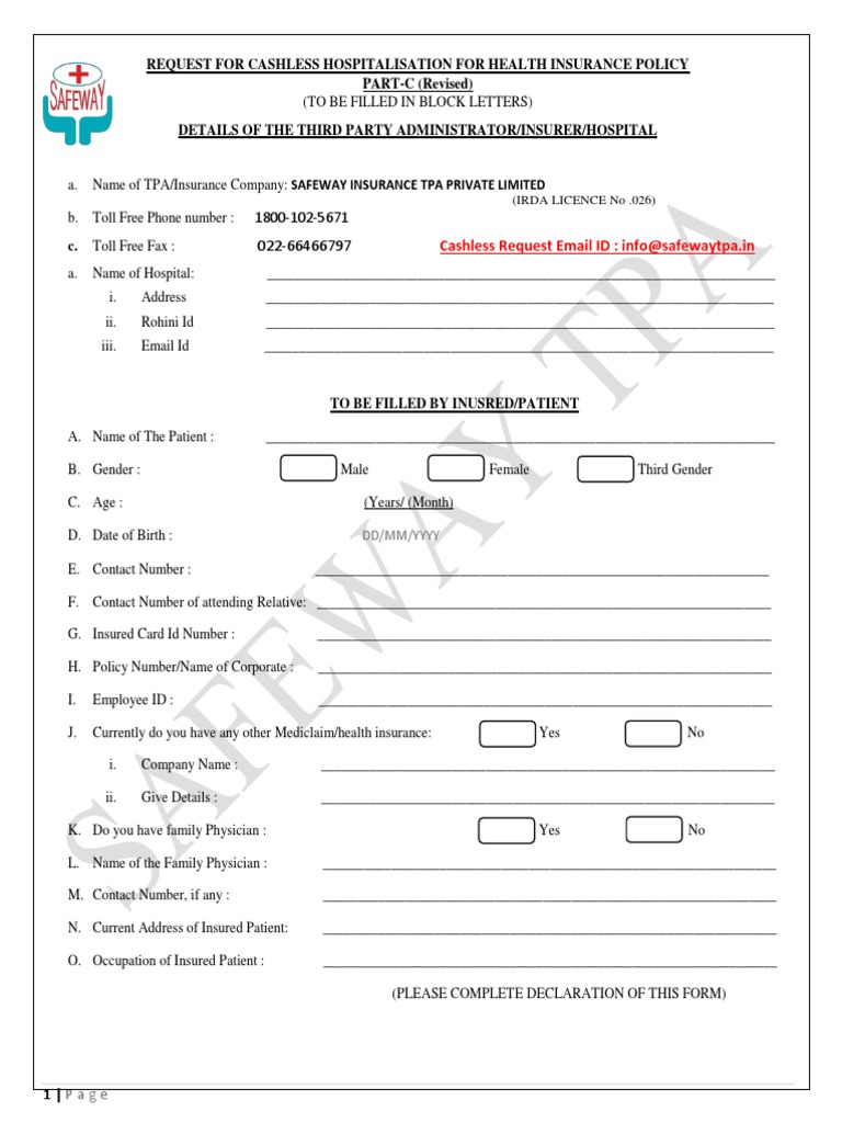 Request for Cashless Hospitalisation | PDF | Hospital | Insurance