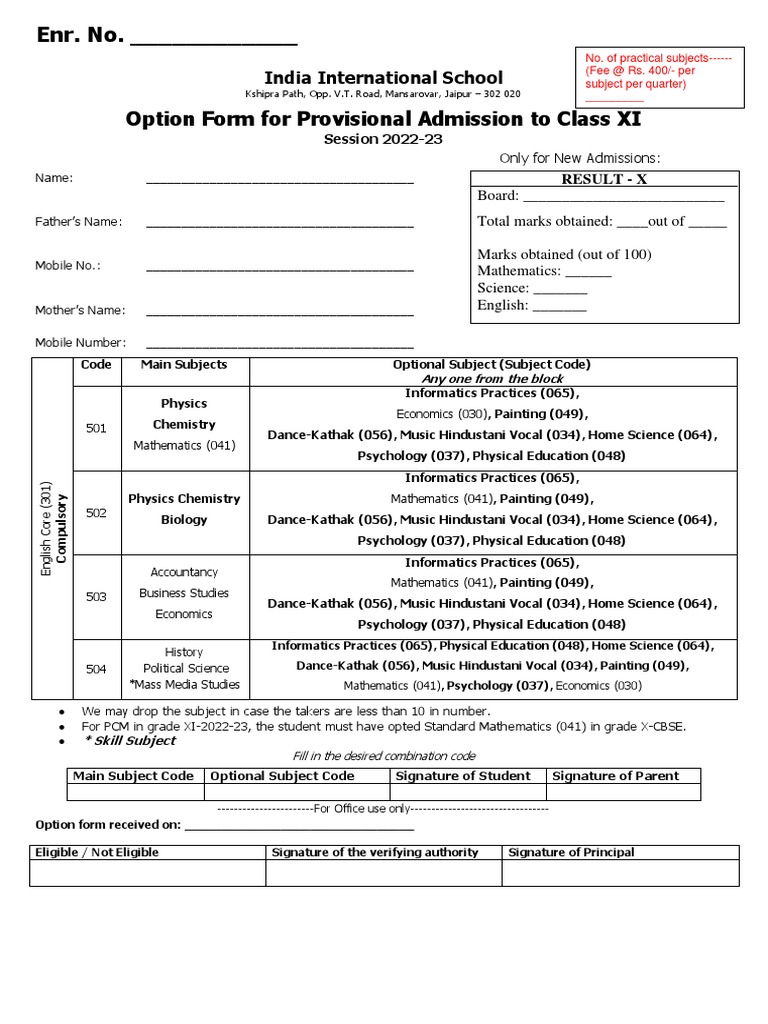 Option Form For Class XI 2022-23 | PDF | Science