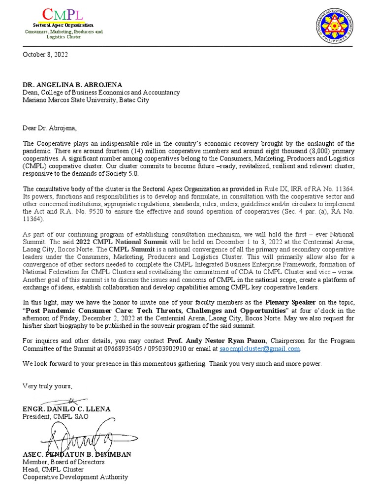 CMPL Summit Letter For Plenary Speaker MMSU | PDF | Business | Economies