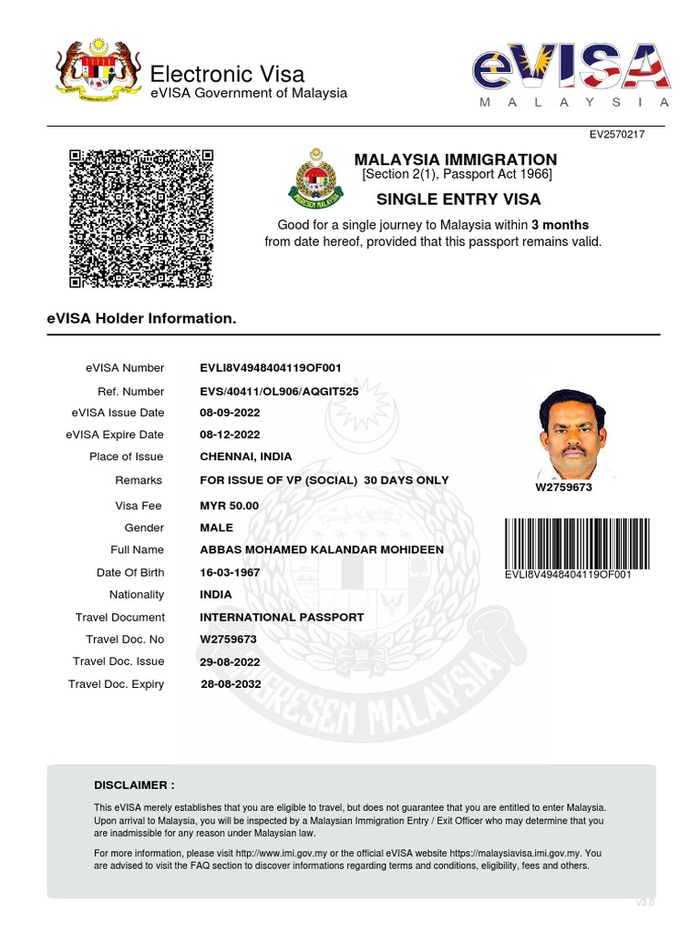 Malaysia Evisa Certificate - Abbas Mohamed - Kalandar Mohideen | PDF