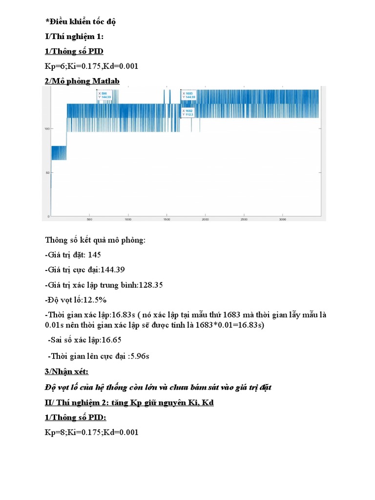 *Điều khiển tốc độ I/Thí nghiệm 1: 1/Thông số PID 2/Mô phỏng Matlab | PDF