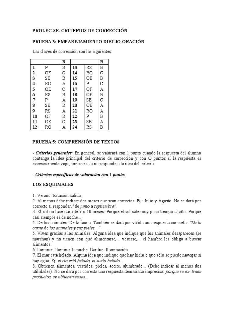 Criterios Corrección Prueba Prolec-Se | PDF