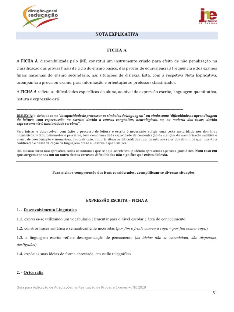 Nota Explicativa - Ficha A - Dislexia | PDF