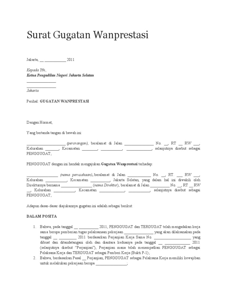Contoh Surat Gugatan Wanprestasi | PDF