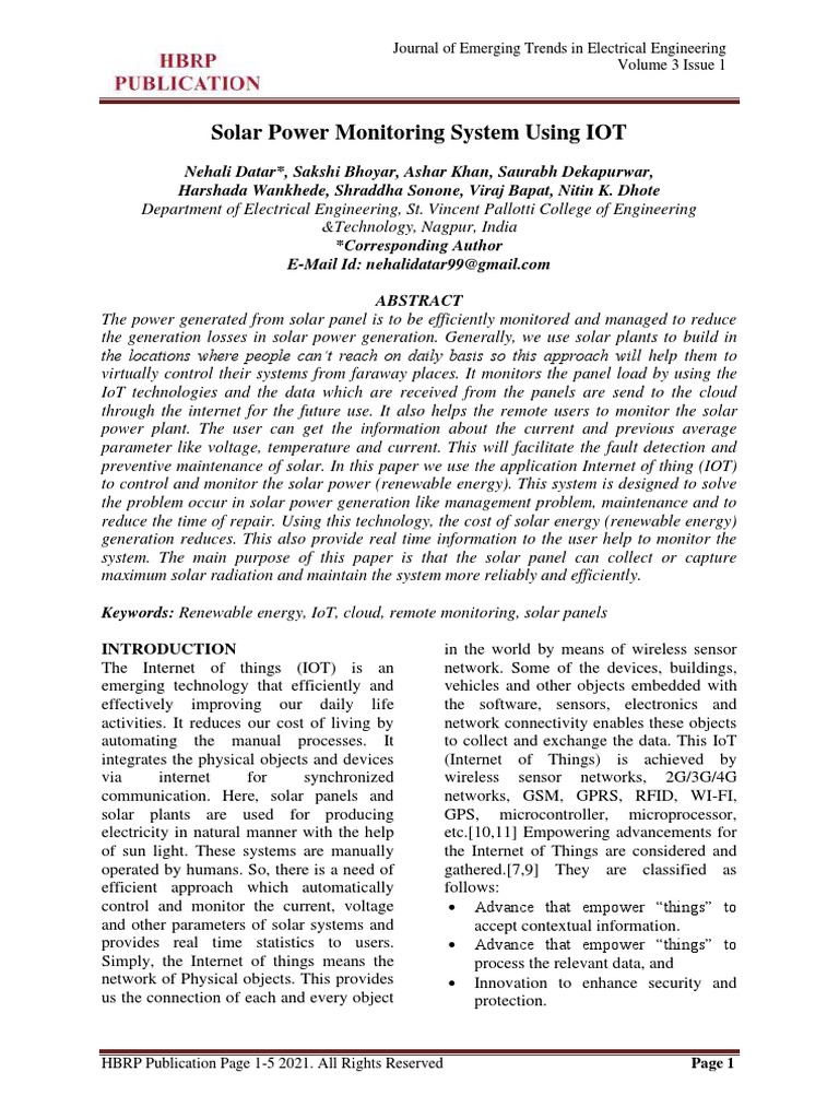 Solar Power Monitoring System Using IOT - Formatted Paper | PDF | Internet Of Things | Computer ...