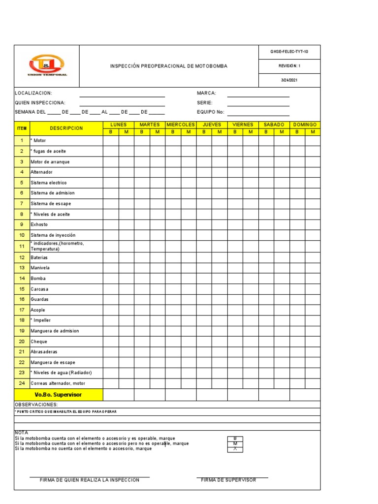 GHSE-FELEC-TYT-10 Inspección Preoperacional de Motobomba | PDF