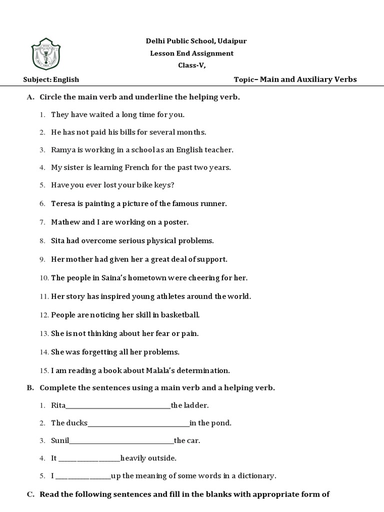 ClassV, Main and Auxiliary Verbs, Lesson End Assignment | PDF ...