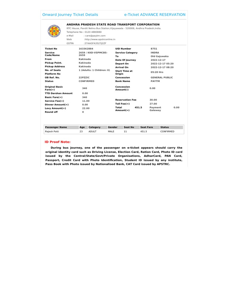 Onward Journey Ticket Details E-Ticket Advance Reservation: ID Proof ...