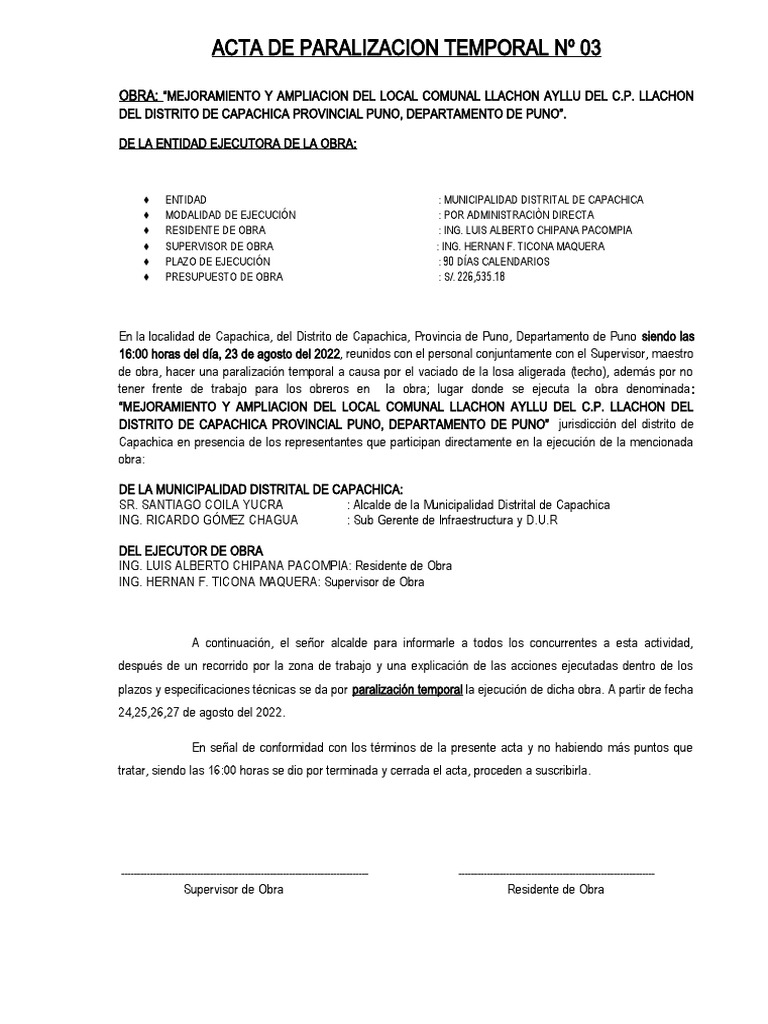 ACTA DE PARALIZACION TEMPORAL DE OBRA Agosto | PDF