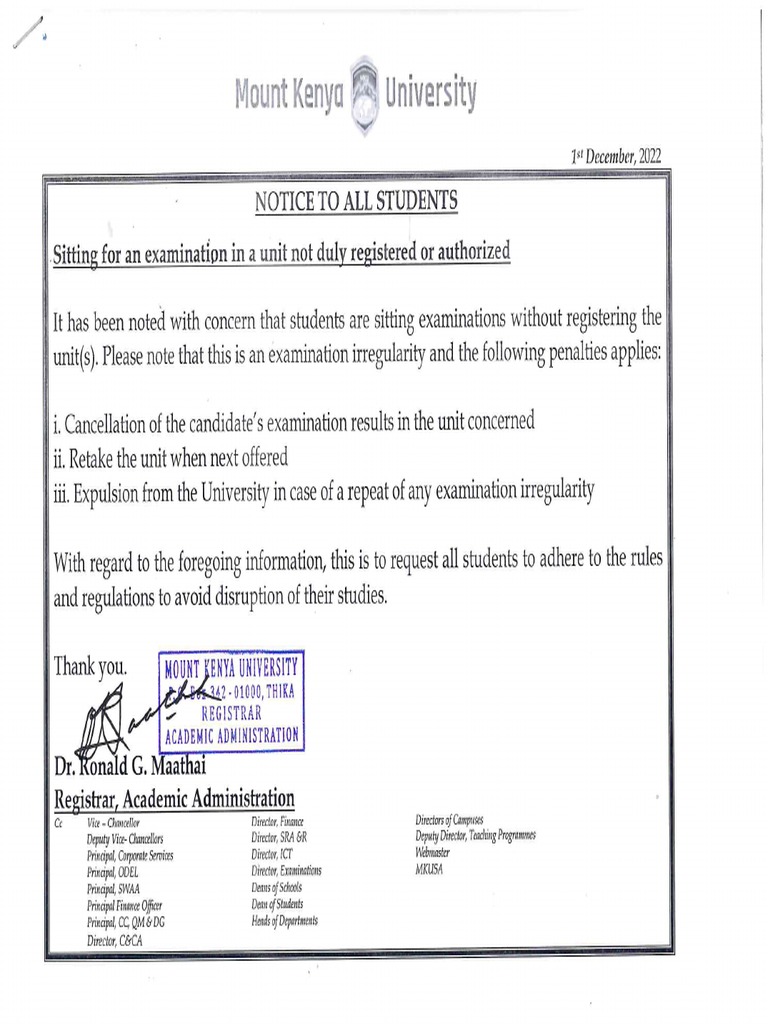 NOTICE To ALL STUDENTS - Sitting For An Examination in A Unit Not Duly ...