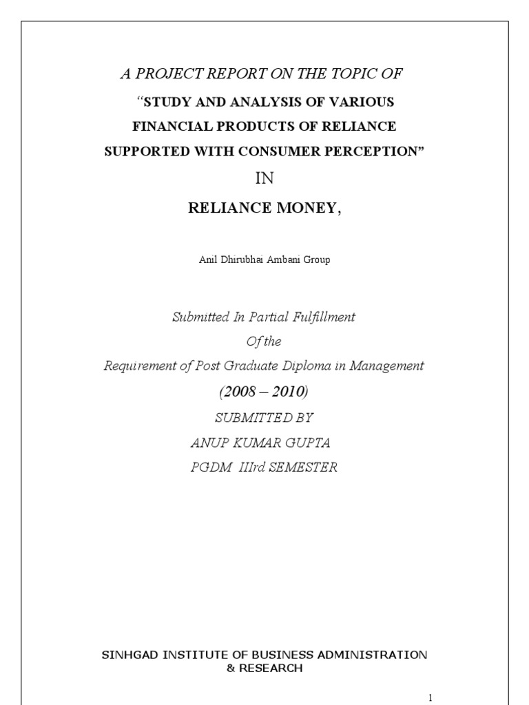 A Project Report On The Topic of ": Reliance Money | PDF | Mutual Funds ...