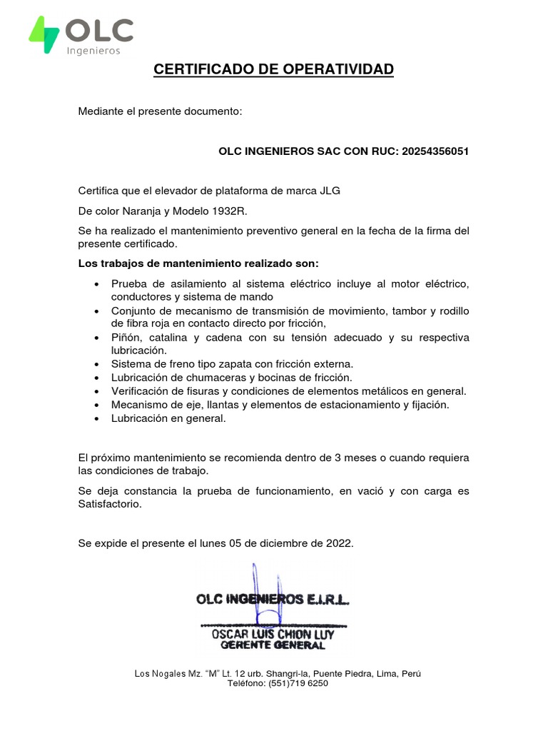 Certificado de Operatividad de Elevador | PDF | Tecnología