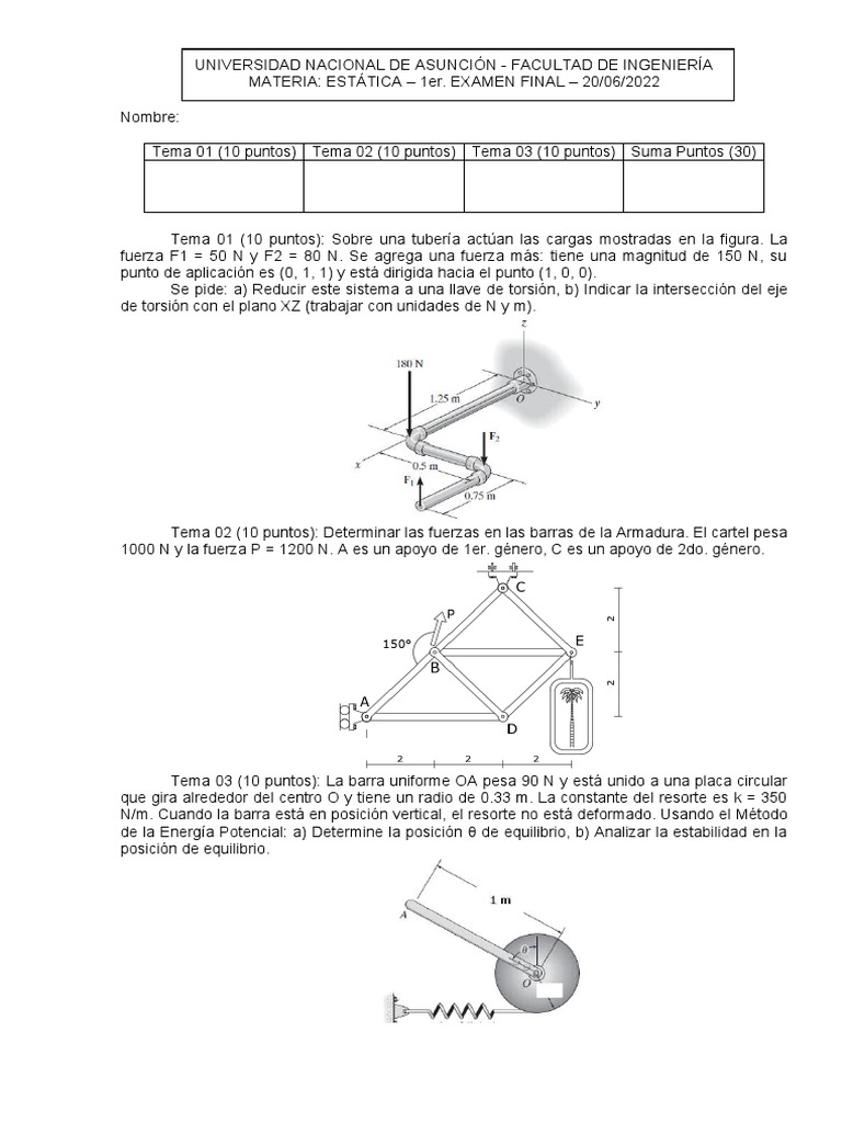 Examen final de Estática con 3 temas sobre sistemas de fuerzas | PDF