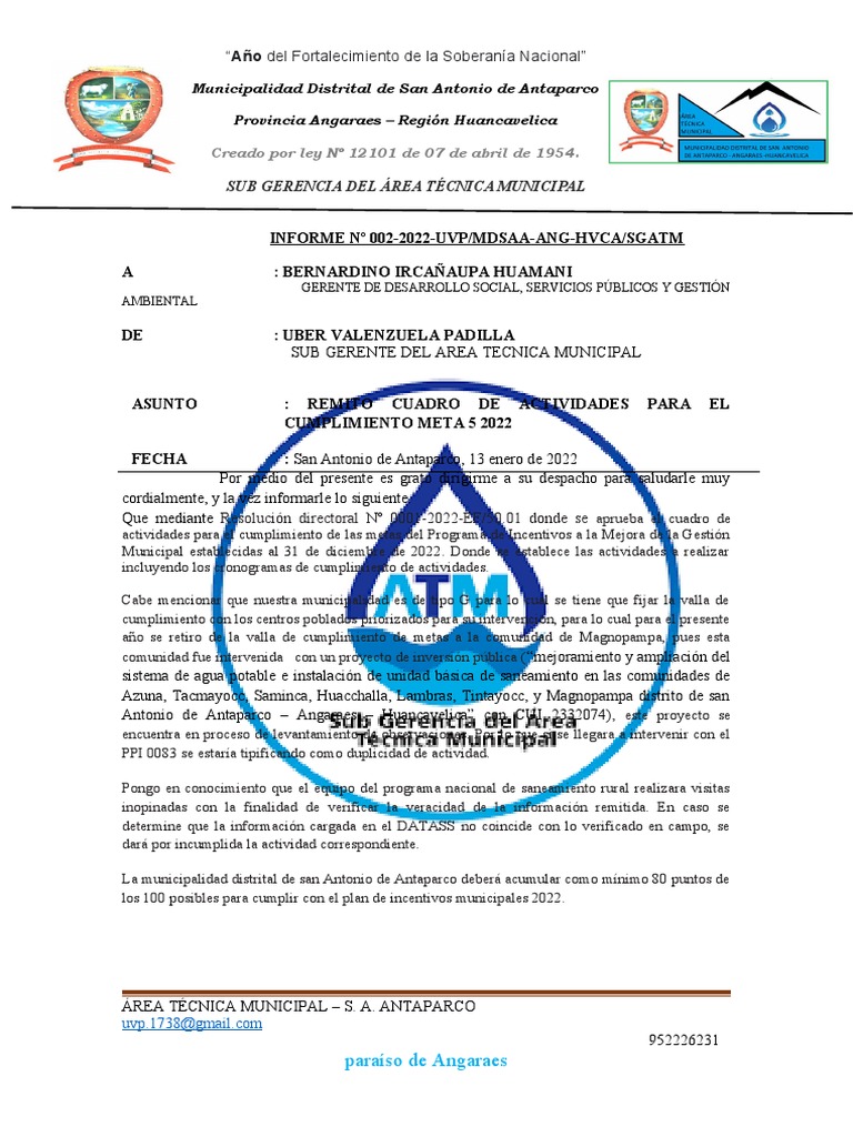 Informe #002 Remito Cuadro de Actividades | PDF | Economias | Agua y política