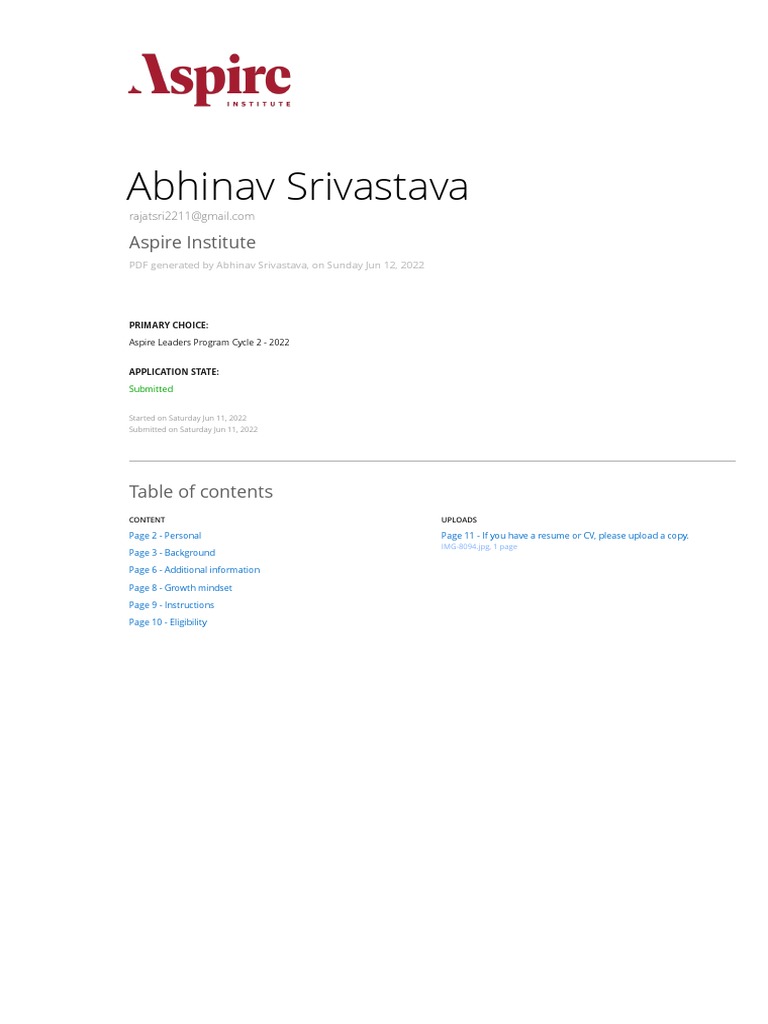 Abhinav Srivastava Aspire Institute Application | PDF | Parent | College