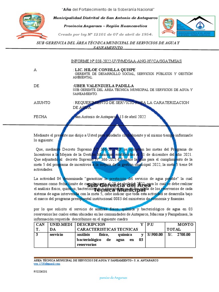 Informe #038 Requerimiento Caracterizacion de Agua | PDF | Laboratorios