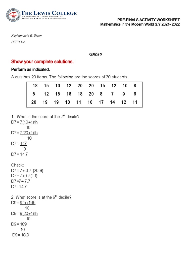 QUIZ 3-Solving Deciles of Grouped and Ungrouped Data | PDF