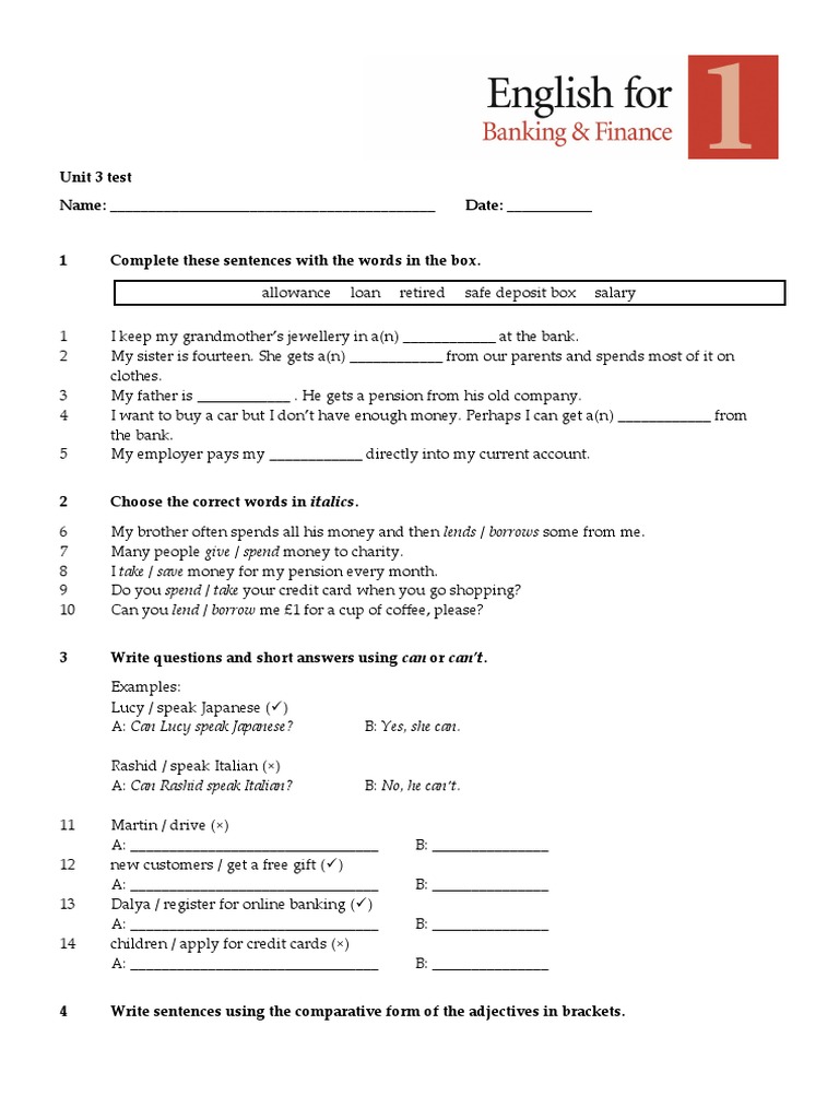 Ve Banking Tests Unit03 Pdf Credit Finance And Money Management