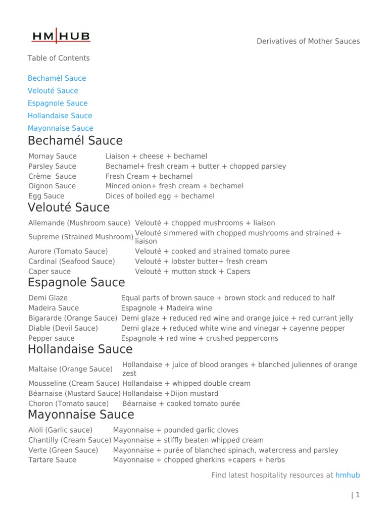 Derivatives of Mother Sauces | PDF