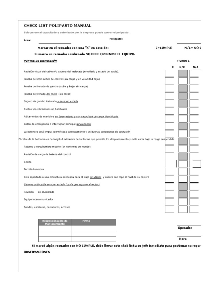 Checklist Polipasto Manual | PDF | Bienes manufacturados