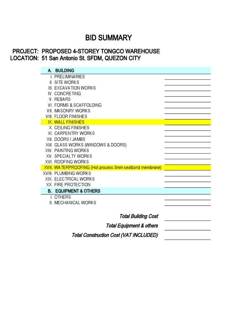 Tongco Warehouse Construction Bid Summary | PDF | Window | Wall
