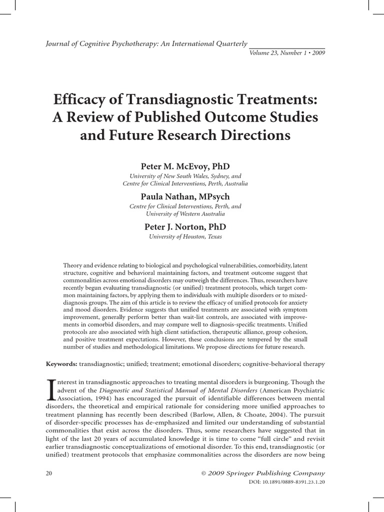 Transdiagnostic Approach Treatments Efficacy Pdf Mental Disorder
