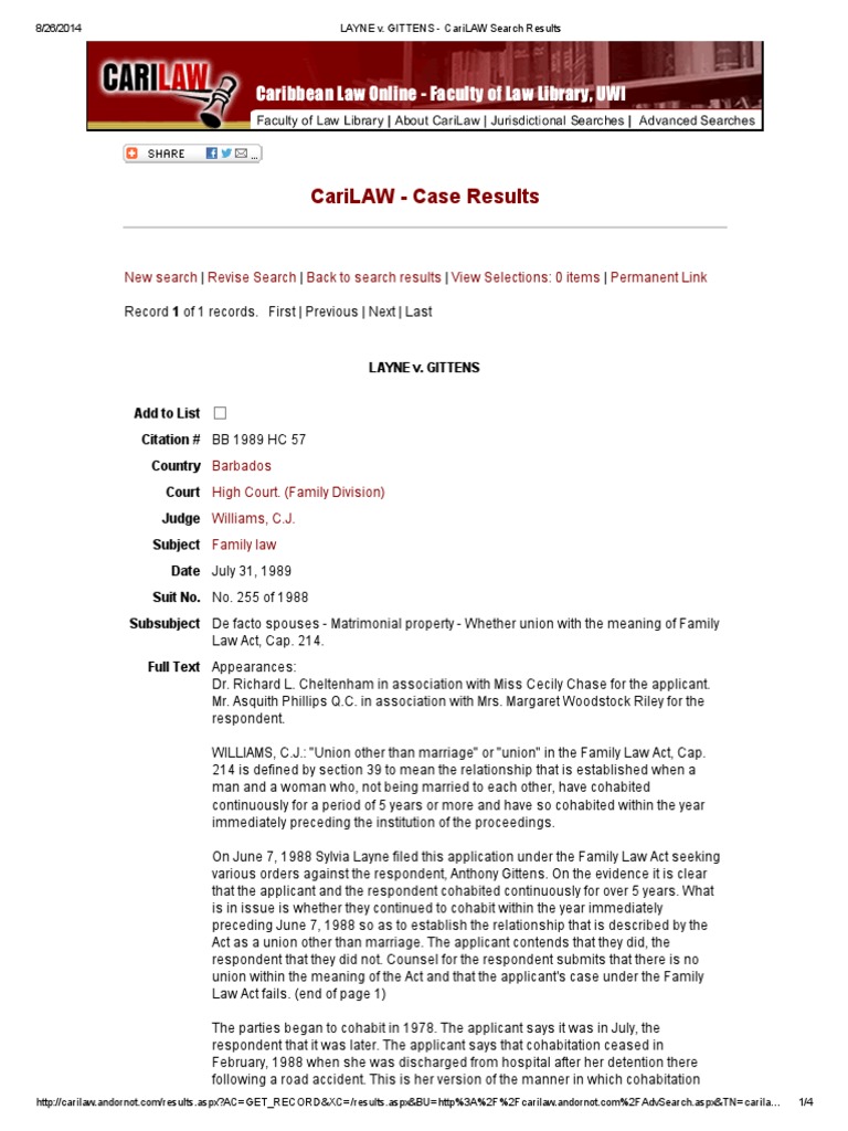 Layne v. Gittens: Family Law Case Summary | PDF | Social Institutions