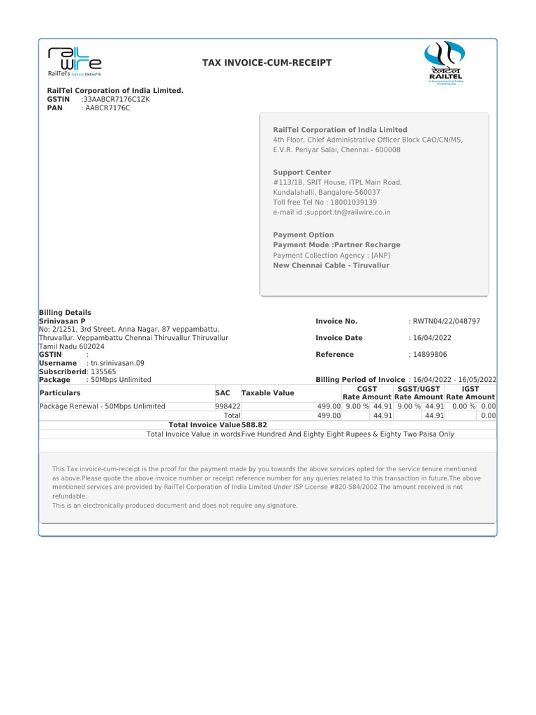 Tax invoice receipt for 50Mbps unlimited package renewal | PDF ...