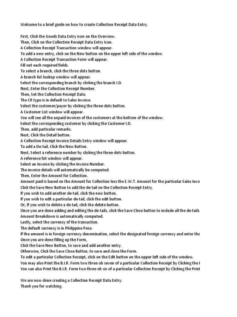 Collection Receipt Data Entry | PDF | Receipt | Invoice