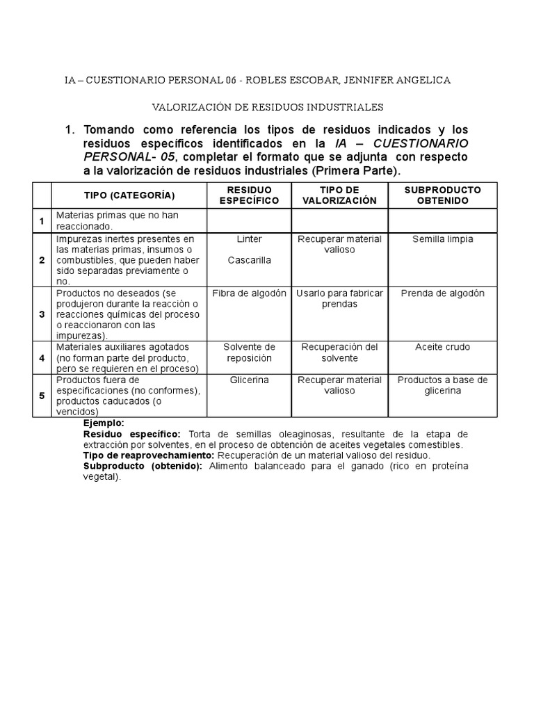 Ia - Cuestionario Personal 05 - Robles Escobar, Jennifer Angelica | PDF | Ácido sulfúrico | Residuos