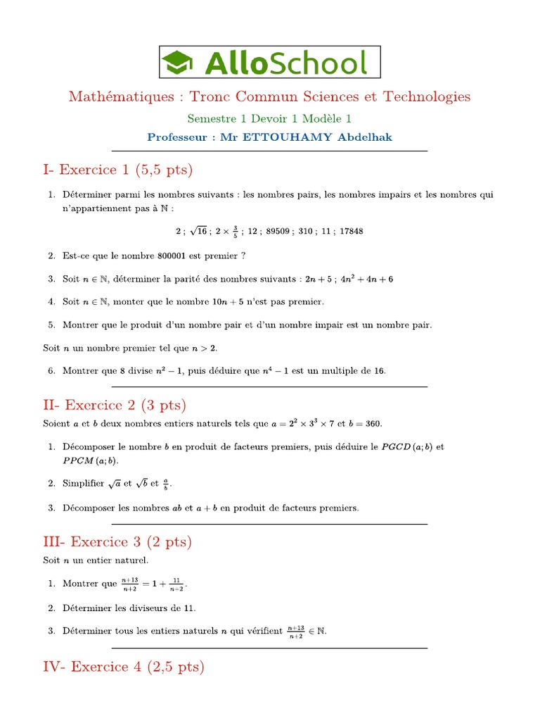 Math TC Semestre 1 Devoir 1 Modele 1 2 | PDF