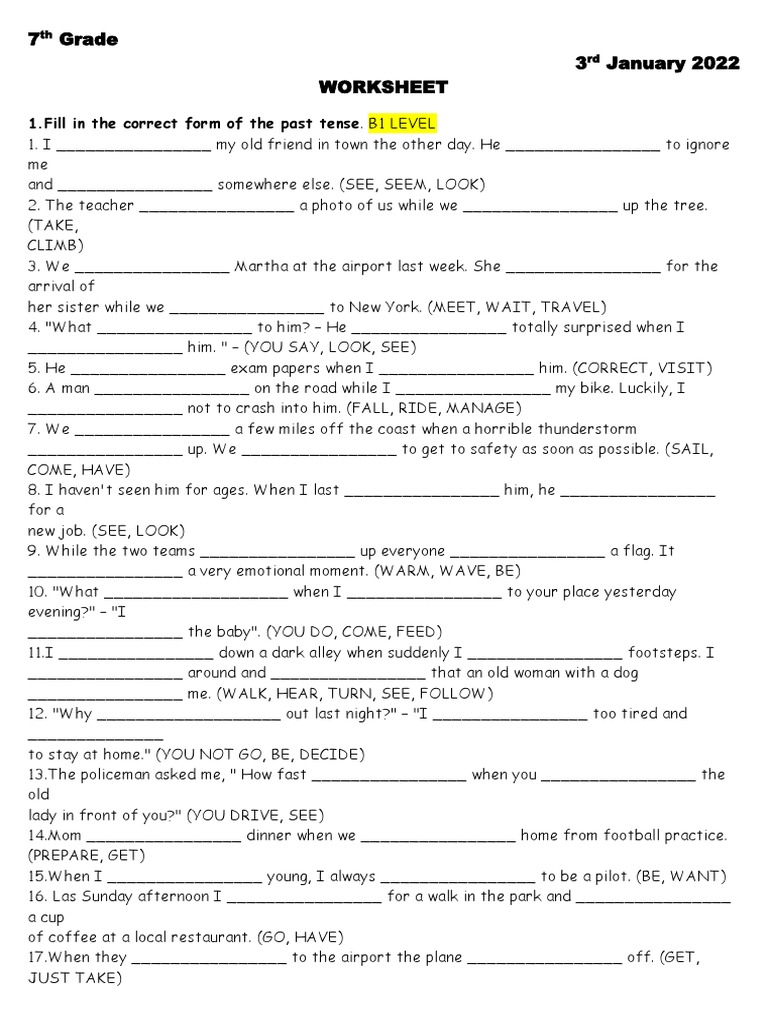 7th Grade English Tense Worksheet | PDF