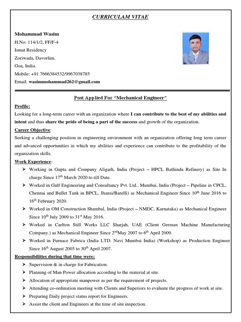 Md. Wasim Mechanical Engineer 1 | PDF