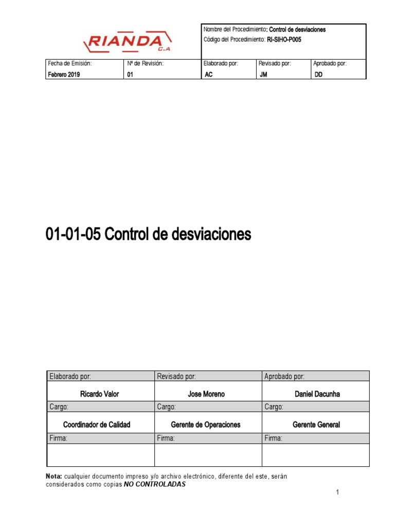 RI-SIHO-P05 Control de Desviaciones | PDF | Iso 9000 | Auditoría