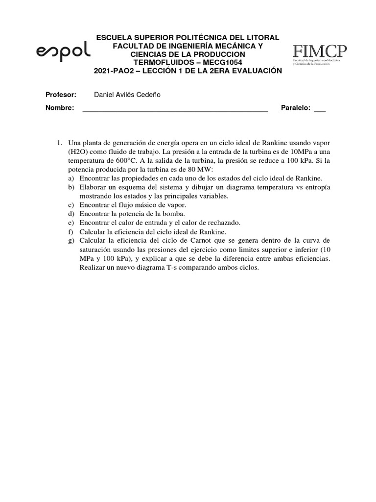 TERMOFLUIDOS 2021 PAO2 P2 Quiz3 | PDF