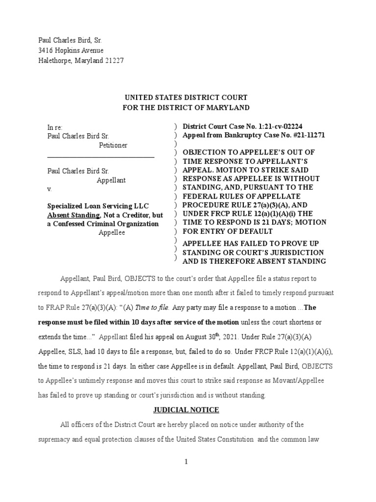 Objection to Appellee's Untimely Response | PDF | Appeal | Judgment (Law)