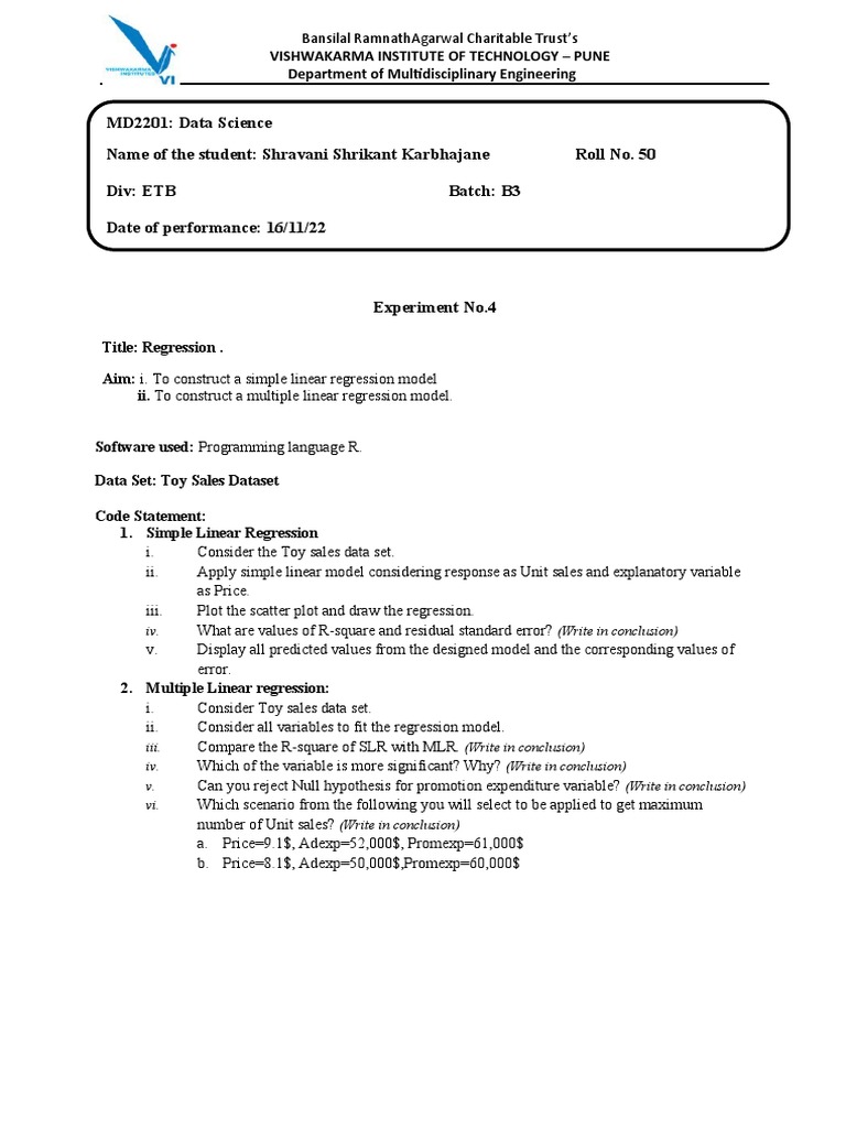 Analysis of Toy Sales Data Using Simple and Multiple Linear Regression Models | PDF | Regression ...