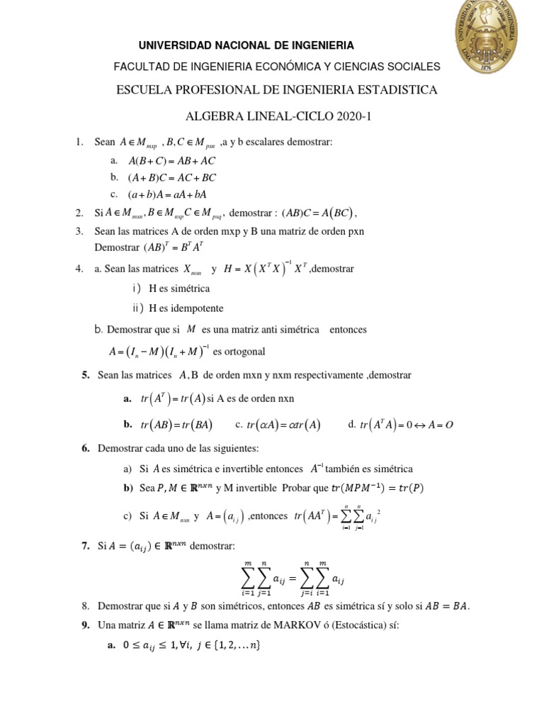 Lista 1 Algebra Lineal Ciclo 2020-1-26 5 | Descargar gratis PDF | Matriz (Matemáticas) | Matemáticas