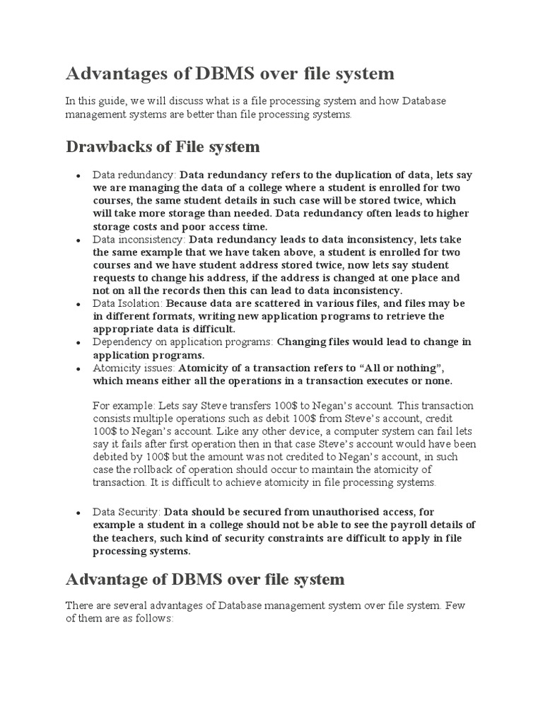 Advantages of DBMS Over File System | PDF | Databases | Database ... Advantages of DBMS Over File System | PDF | Databases | Database ...