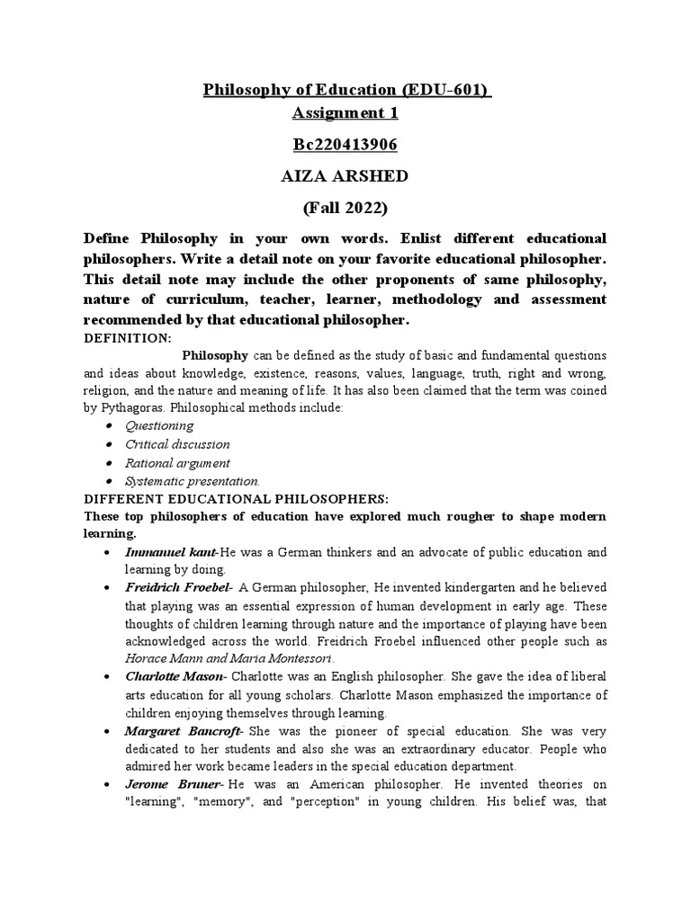 bc220413906, EDU 601, Assignment 1 | PDF | Immanuel Kant | Philosophy Of Education