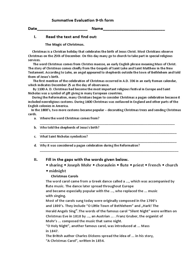 Summative Evaluation 9 Clas Unit III | PDF | Christmas | Christmas Carols