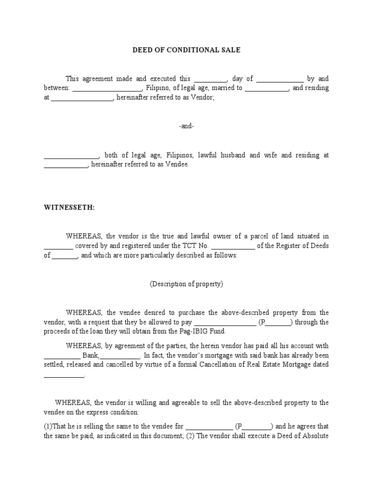 Sample Conditional Sale Deed Template | PDF | Deed | Covenant (Law)