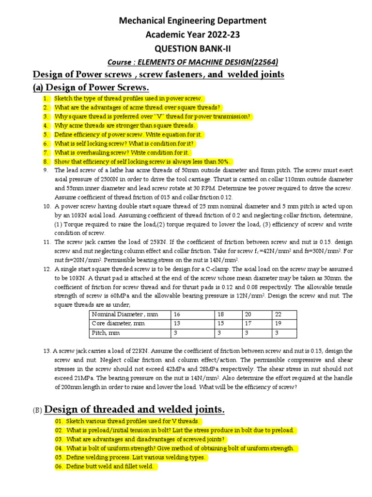 EMD Question Bank II 2 | PDF | Screw | Stress (Mechanics)