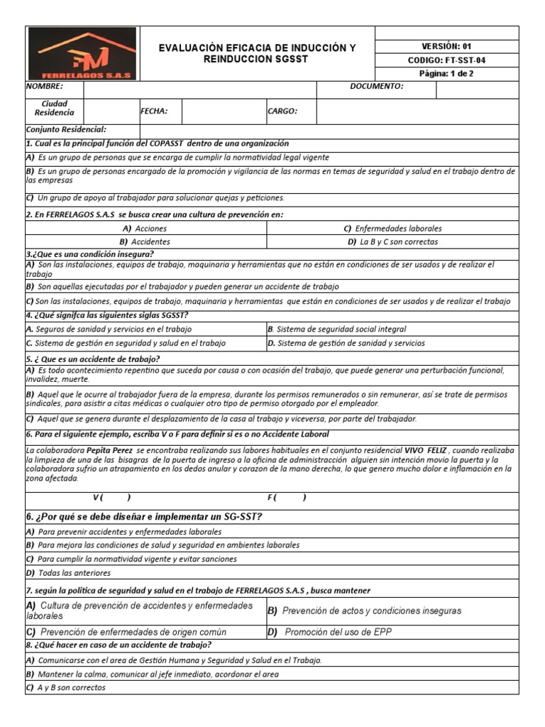 Evaluacion Eficacia de Induccion y Reinducción en SST | PDF | Ciencias de la Salud