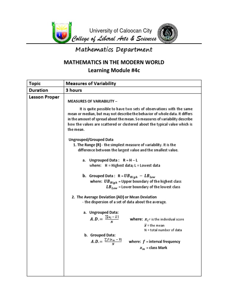 Measures of Variability in Statistics | PDF | Variance | Standard Deviation