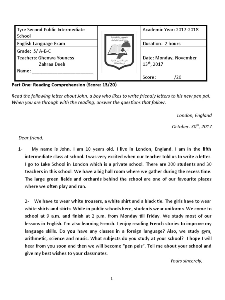 A Letter To Penpal Grade 5 | PDF | Schools | Cognition