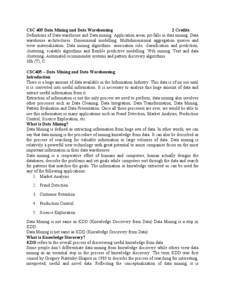 Data Mining and Data Warehousing | PDF | Data Warehouse | Data Mining