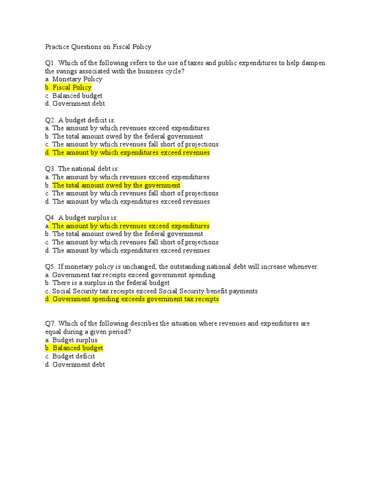 Practice Questions On Fiscal Policy | PDF | Government Budget Balance ...